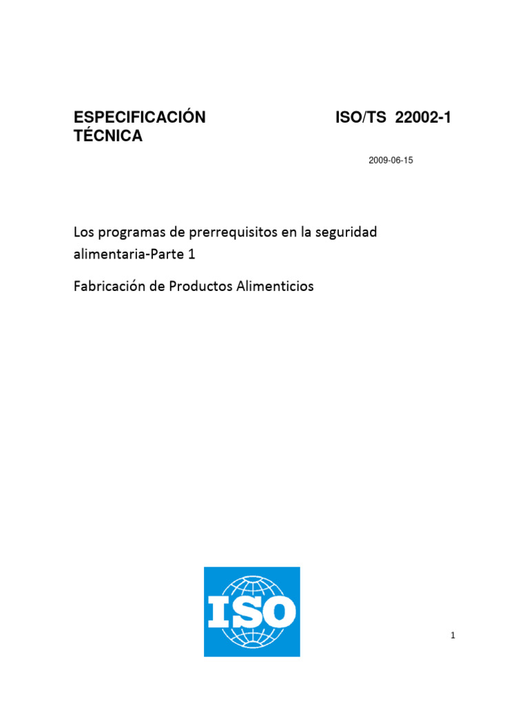 Especificación ISO/TS 22002-1:2009 | PDF | Agua | Alimentos