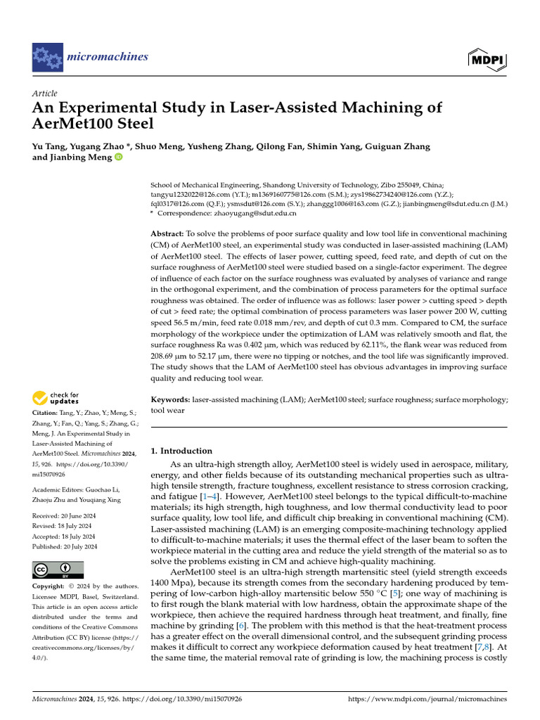 Laser-Assisted Machining of AerMet100 Steel | PDF | Machining ...