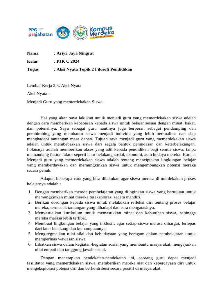 Aksi Nyata Topik 2 Filosofi Pendidikan (Ariya) | PDF