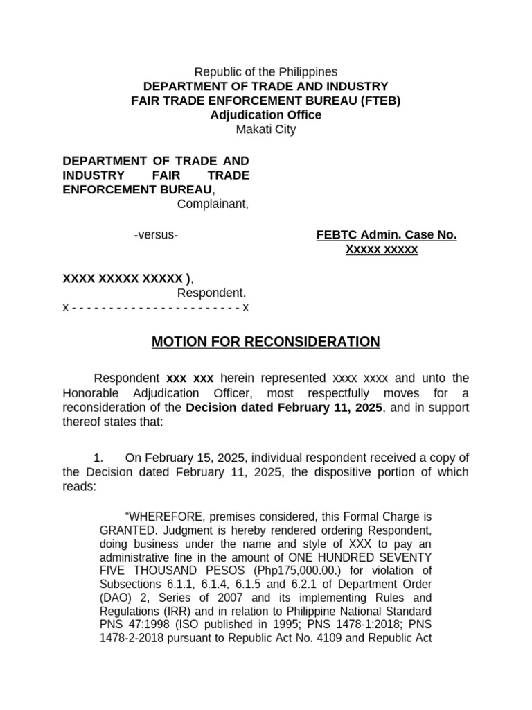 Motion For Reconsideration DTI FTEB Case | PDF | Justice | Crime & Violence