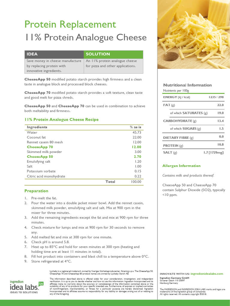 575 - 11 percent protein analogue cheese recipe | PDF | Cheese | Dairy ...