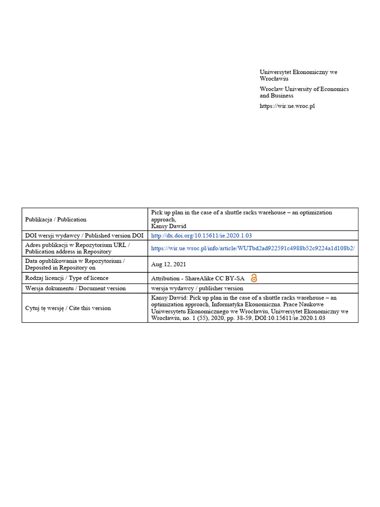 Kansy Pick Up Plan in The Case of A Shuttle Racks Warehouse | PDF ...