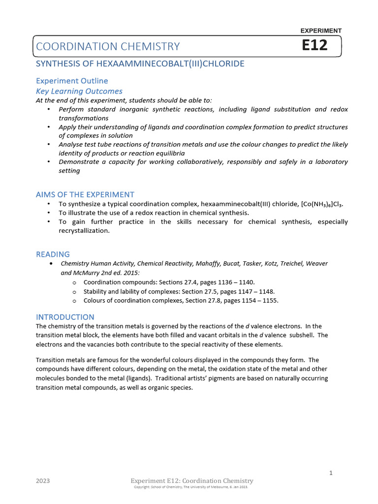 Experiment E12 Updatedstudent Notes s2 2023 | PDF | Coordination ...
