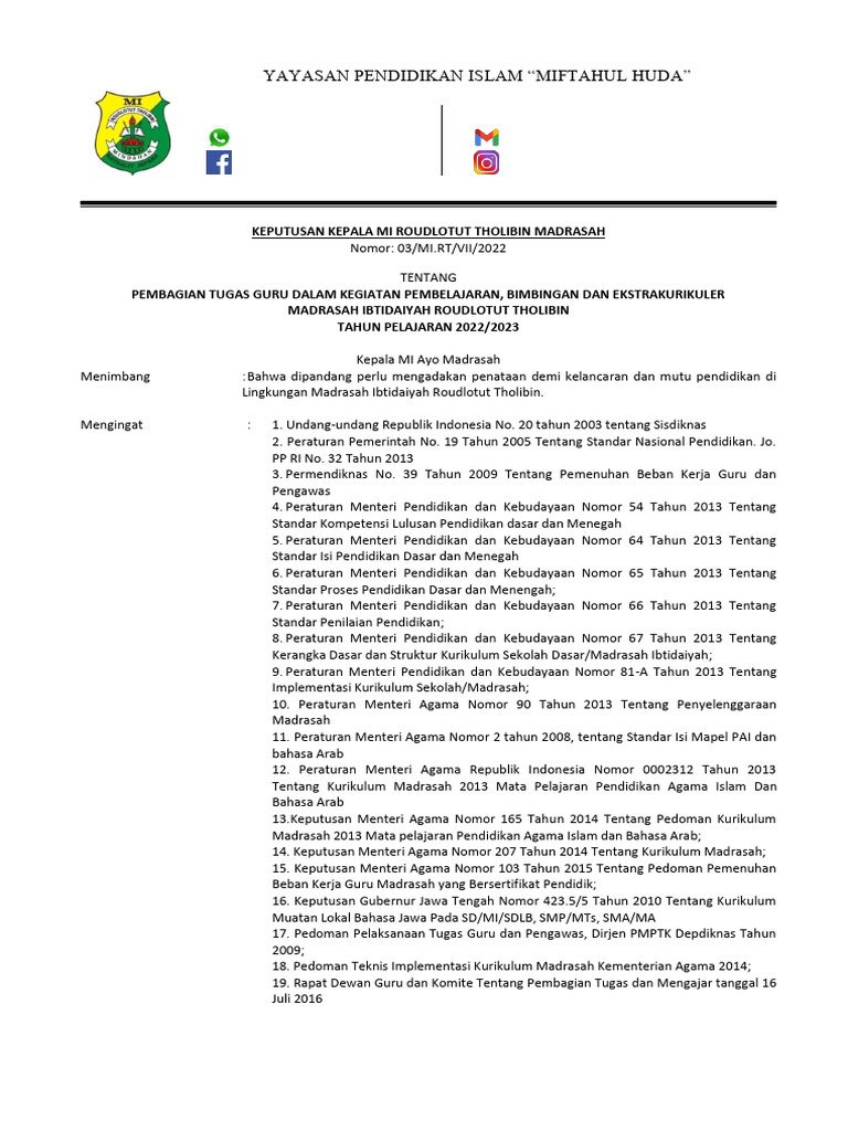 SK pembagian tugas mengajar | PDF