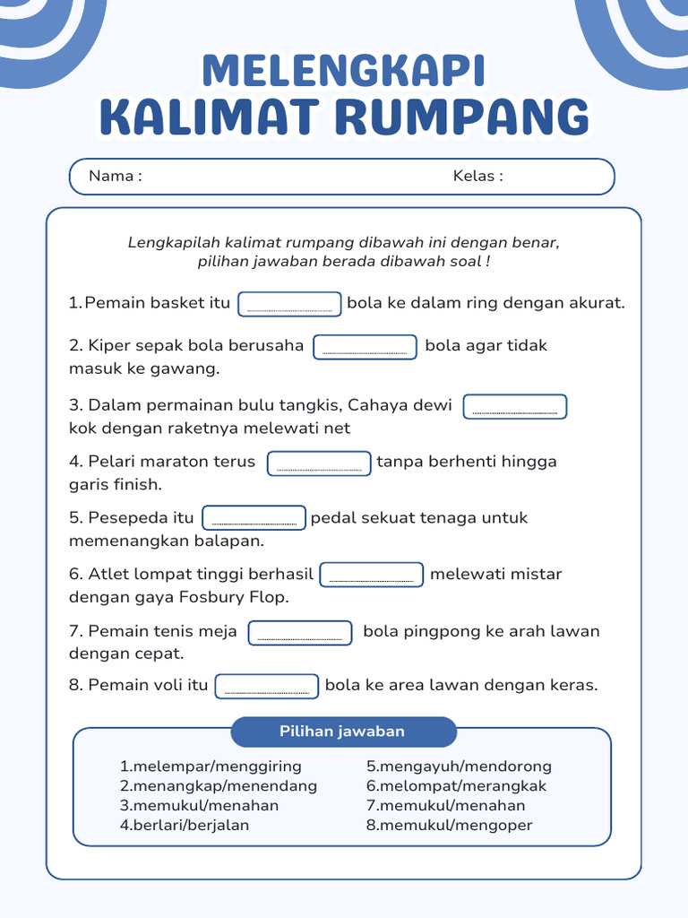 Melengkapi Kalimat Rumpang Penjaskes Lembar Kerja Biru Putih Sederhana ...