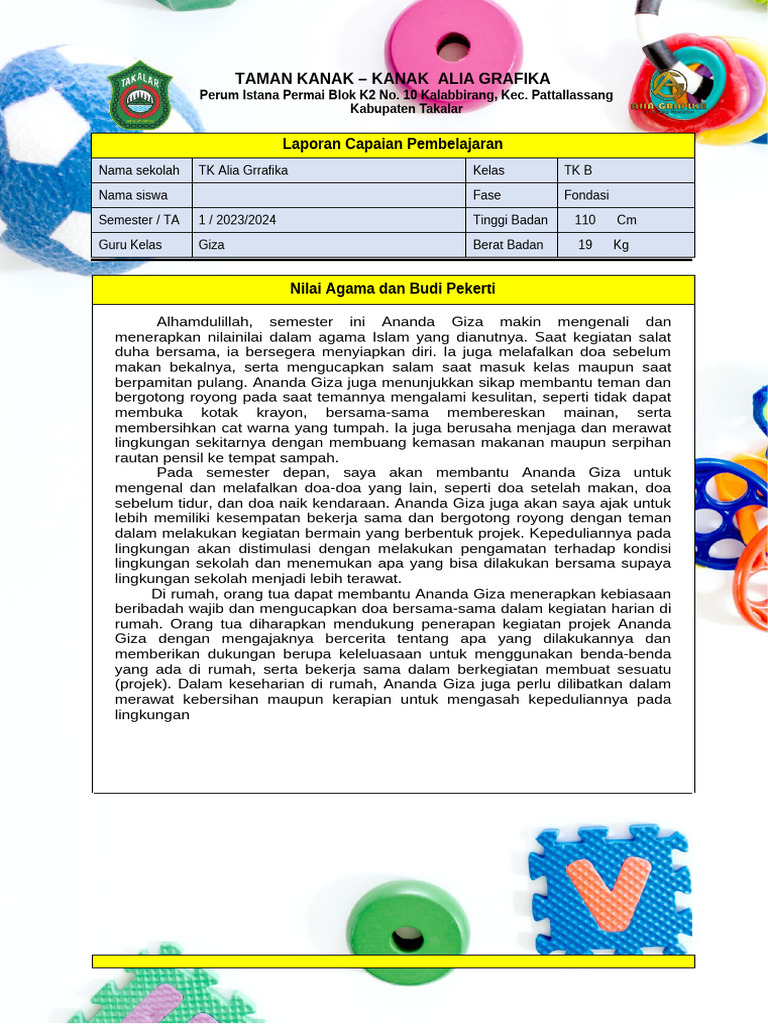 Contoh Raport TK Kurikulum Merdeka | PDF