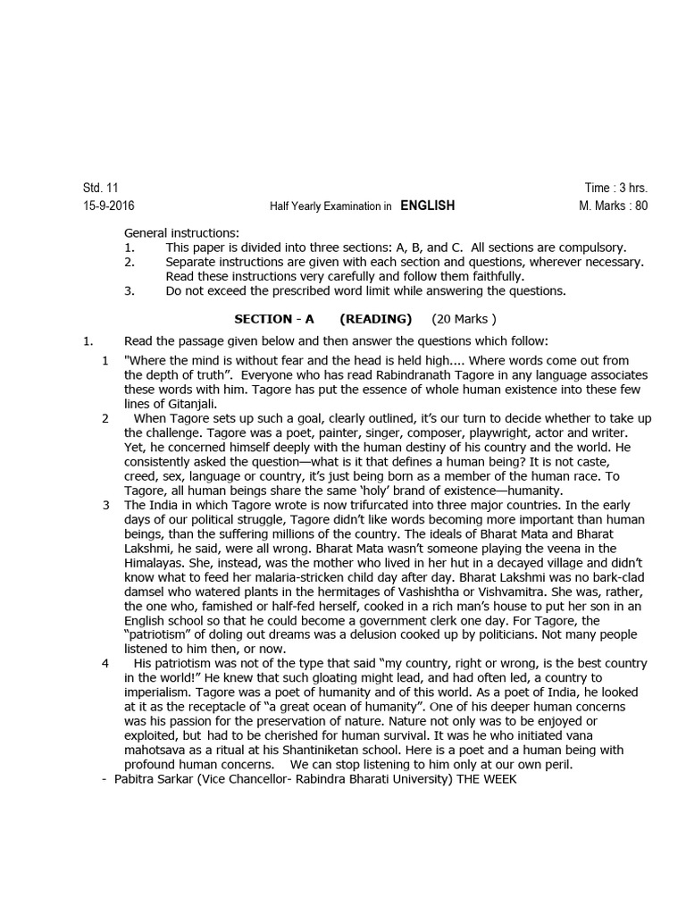 Cbse Class 11 Hy English 2017 | PDF | Yoga | Rabindranath Tagore