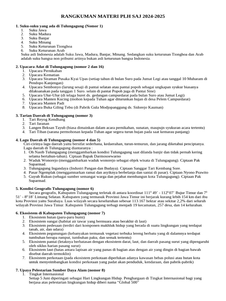 Rangkuman Materi PLH Saj 2024-2025 | PDF