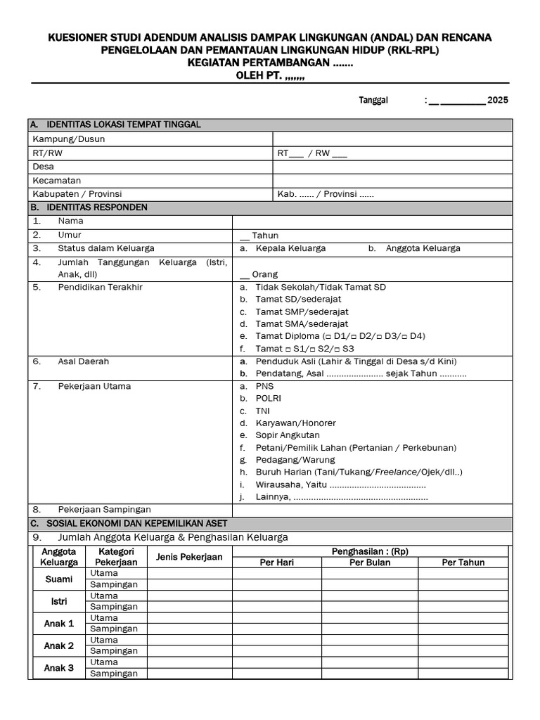 Kuesioner Adendum AMDAL Tambang Batu Bara PT. SAS | PDF