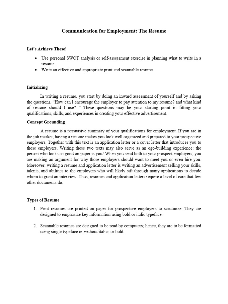 CHAPTER 10 Communication For Employment The Resume | PDF | Résumé ...