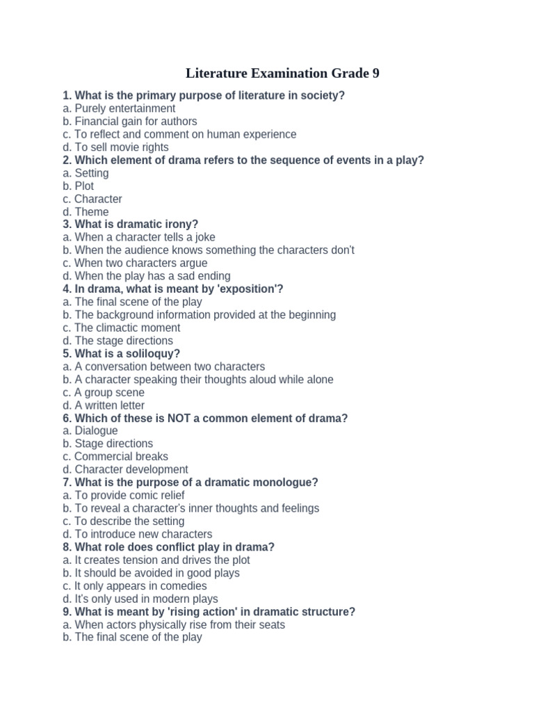 Literature Grade 9 Exam | PDF | Monologue | Metaphor