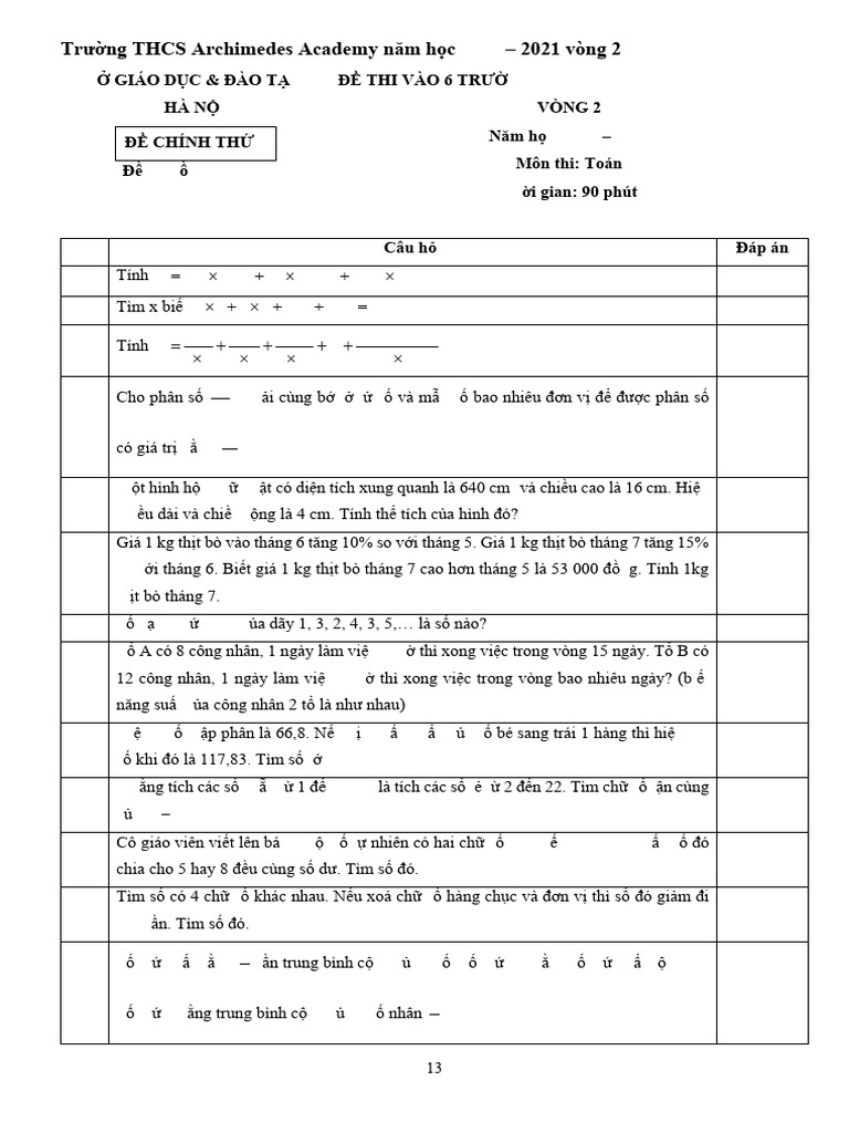 De Thi Vao 6 Mon Toan Truong THCS Archimedes Academy Nam Hoc 2020 - 2021 Vong 2 | PDF