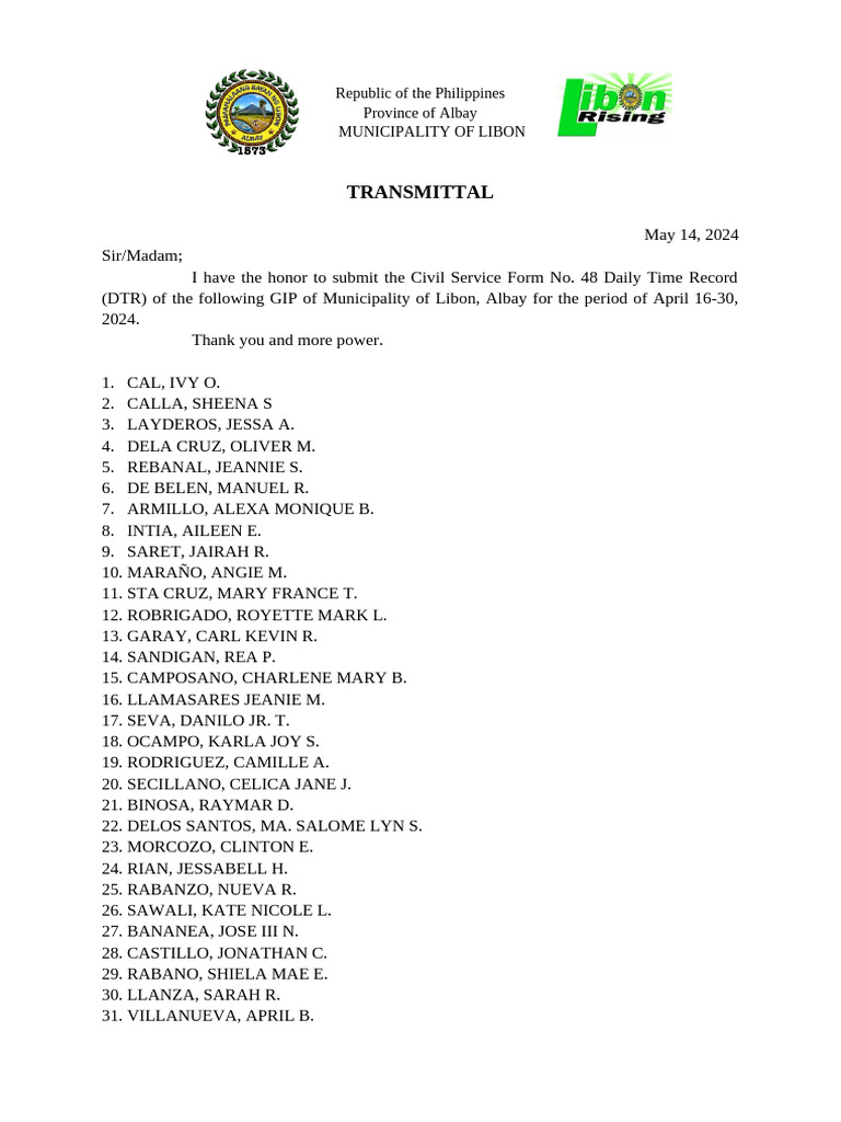 TRANSMITTAL DTR APRIL 16-30 | PDF