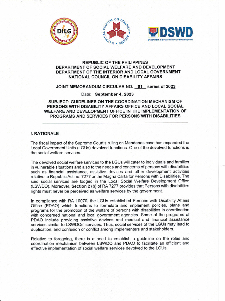 DILG DSWD NCDA Joint Circular No. 01 s2023 | PDF | Disability | Social Work