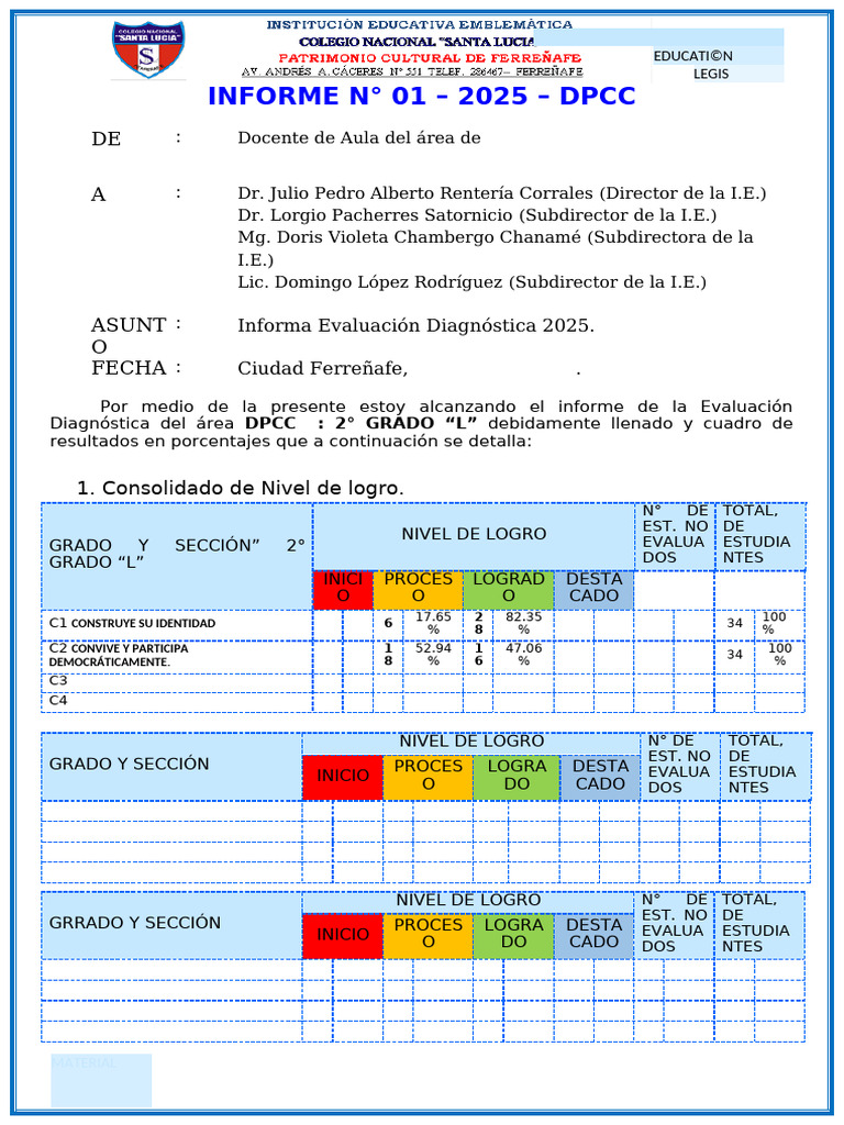 Formato - Informe - Ev. - Diagnostica - 2025 2° Grado L | PDF