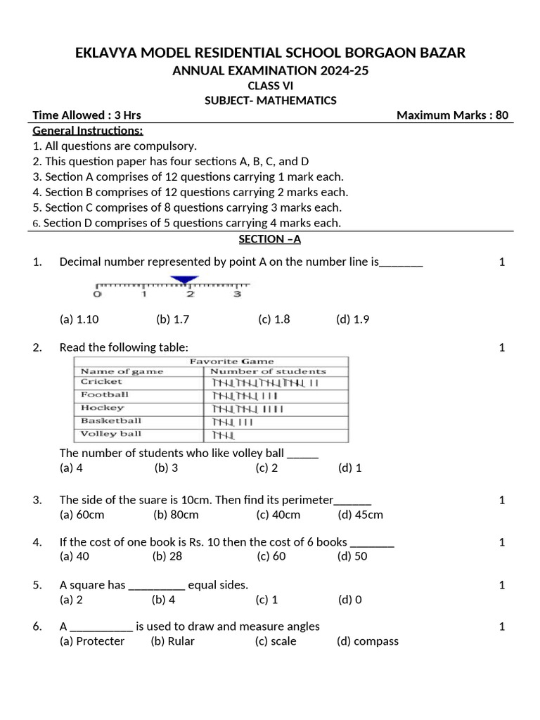 Class VI Mathematics Exam Paper 2024-25 | PDF | Elementary Geometry ...