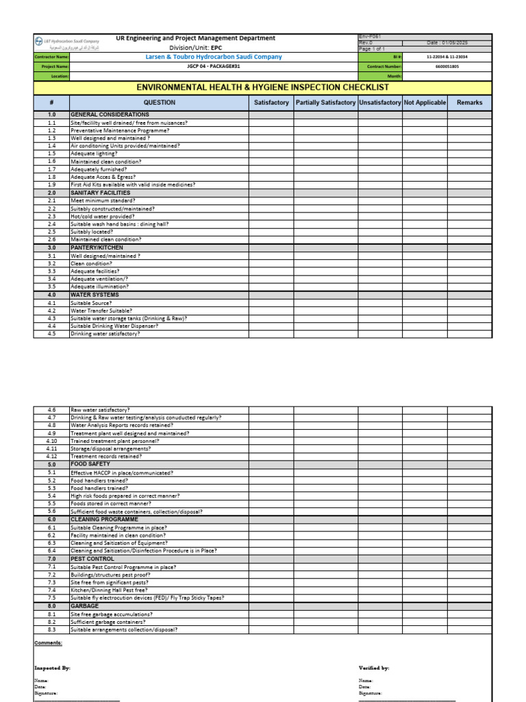 Environmental Health Inspection Checklist | PDF | Hygiene