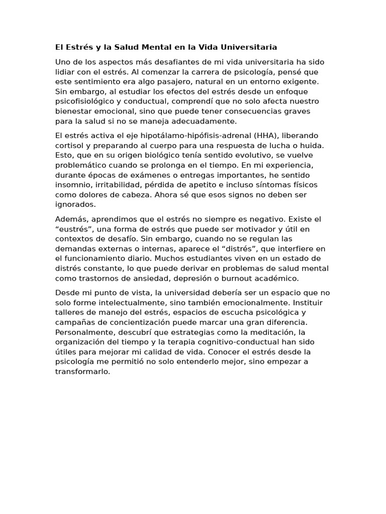 El Estrés y La Salud Mental en La Vida Universitaria | PDF