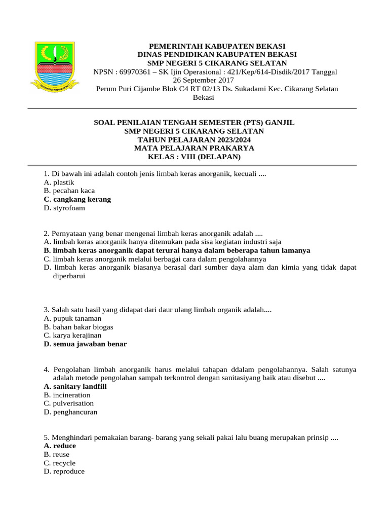 Soal Pts Sem 2 Kelas 8 | PDF