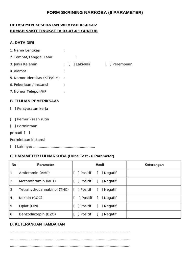 Form Skrining Narkoba 6 Parameter | PDF