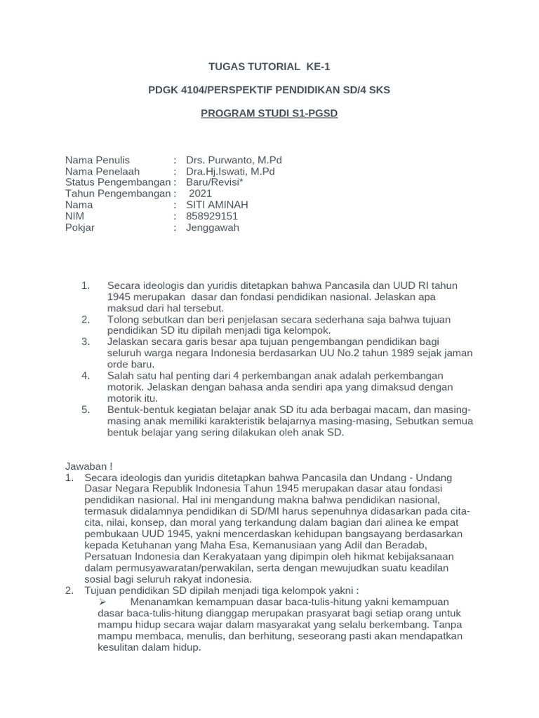 Soal Tugas Tutorial 1 PDGK4104 | PDF