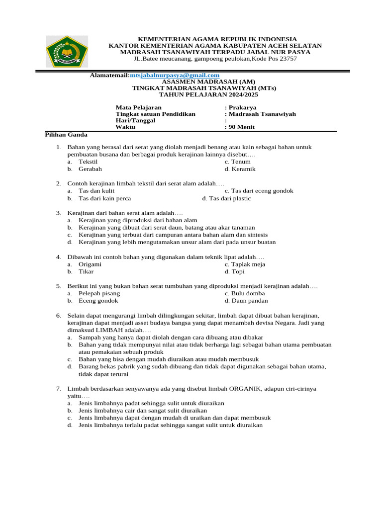 Soal Ujian Prakarya Am Kelas 3 MTSS | PDF