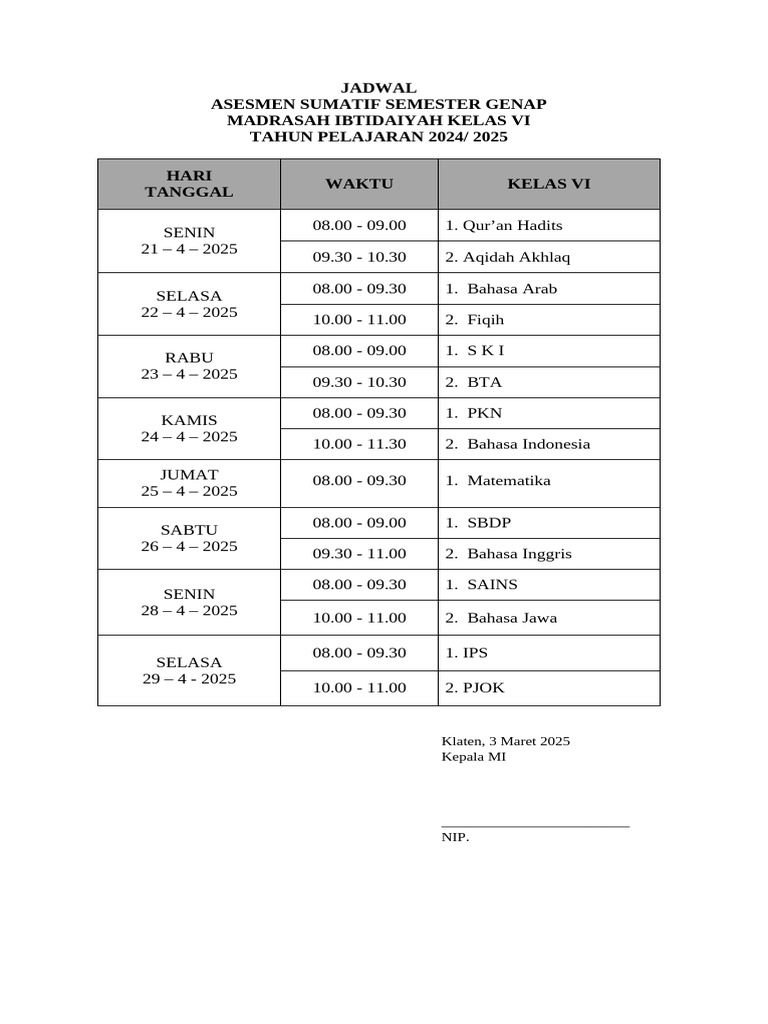 Jadwal Pat - Kelas - 6 - 24-25 | PDF