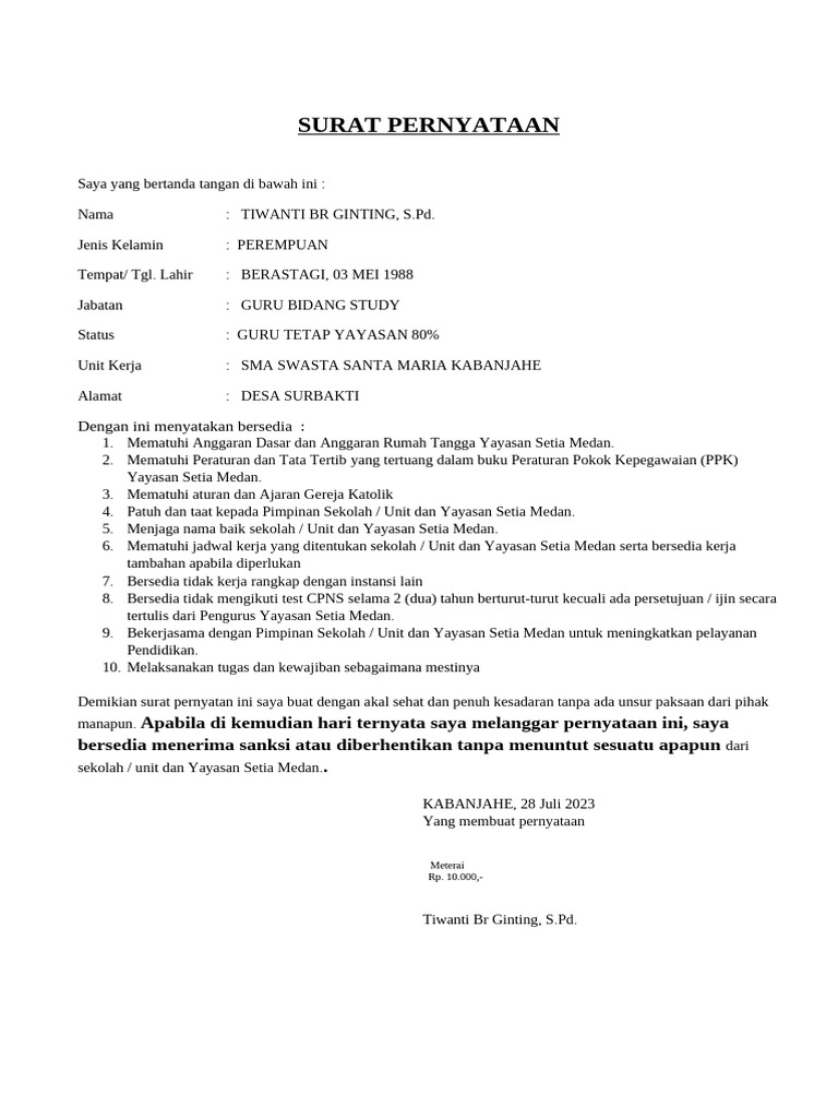 Surat Pernyataan Guru Pegawai - Honor | PDF