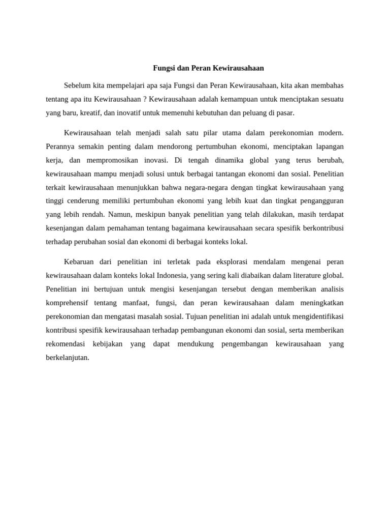 Fungsi Dan Peran Kewirausahaan (Tambahan Juwanda) | PDF