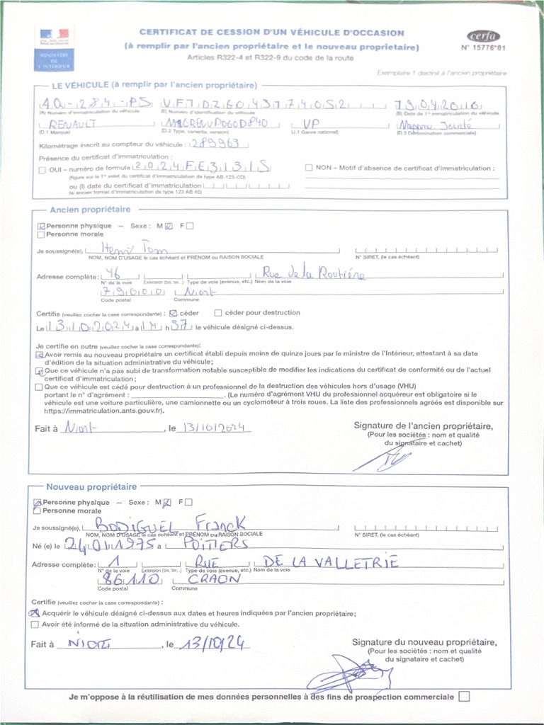 Certificat de Cession D'un Véhicule D'occasion | PDF