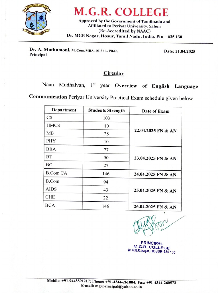 I Year Naan Mudhalvan Practical Exam Schedule | PDF