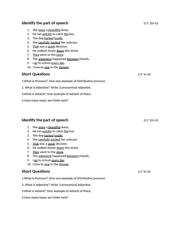 Identify The Part of Speech Test | PDF
