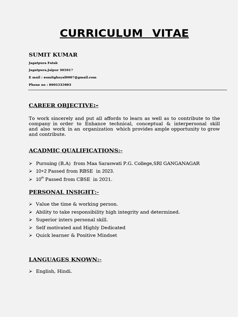 Curriculum Vitae: Sumit Kumar | PDF