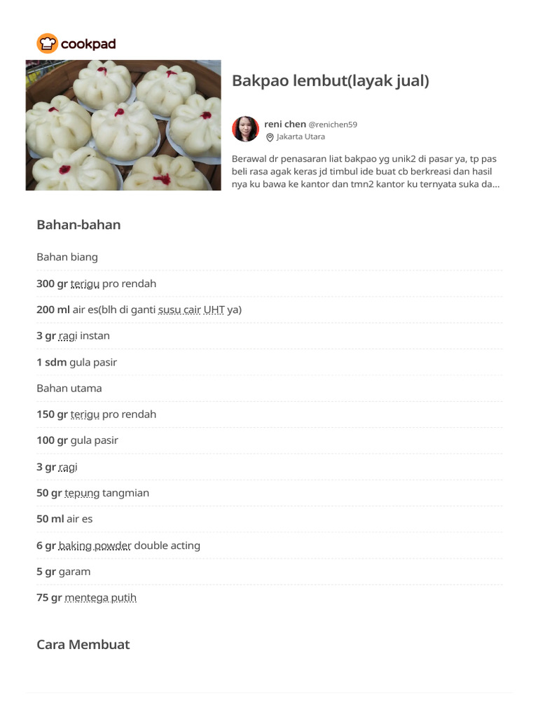Resep Bakpao Lembut (Layak Jual) Oleh Reni Chen - Cookpad | PDF