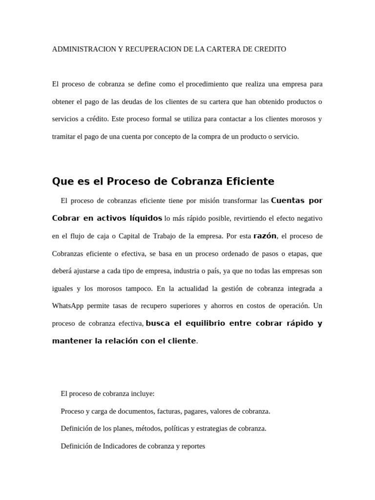 ADMINISTRACION Y RECUPERACION DE LA CARTERA DE CREDITO | PDF | Negocios económicos | Economias