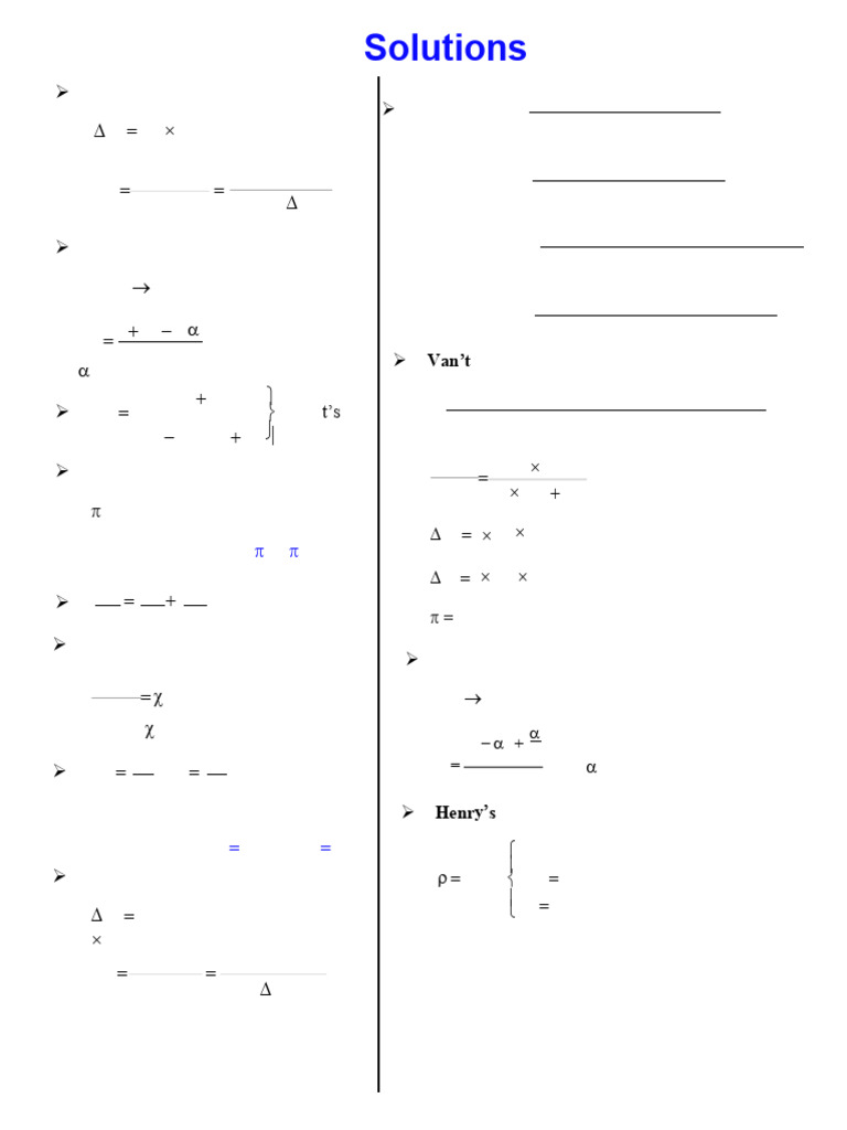 Formula Sheet of Solutions | PDF | Quantity | Physical Chemistry