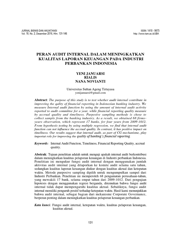 Peran Internal Audit Dalam Meningkatkan Kualitas Laporan Keuangan Industri Perbankan | PDF