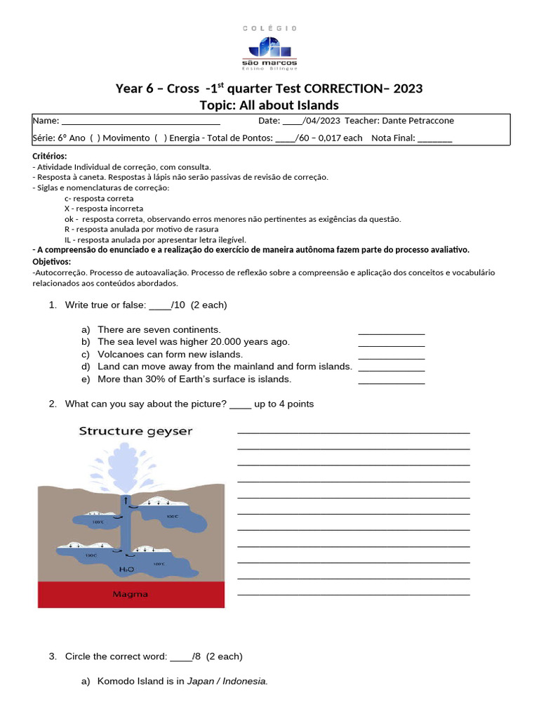 Year 6 - Cross - 1st Quarter Test - 2023 - Correção | PDF | Physical ...