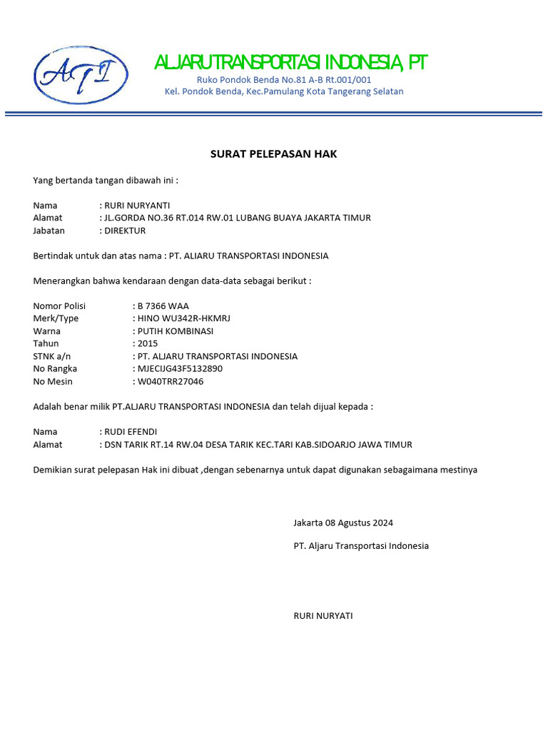 Surat Pelepasan Hak Kendaraan Aljaru | PDF