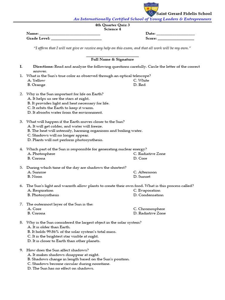 4th Quarter Quiz 3 in Science 4 | PDF | Sun | Stars