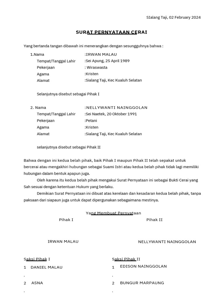 Surat Cerai Kristen Irwan dan Nelly | PDF