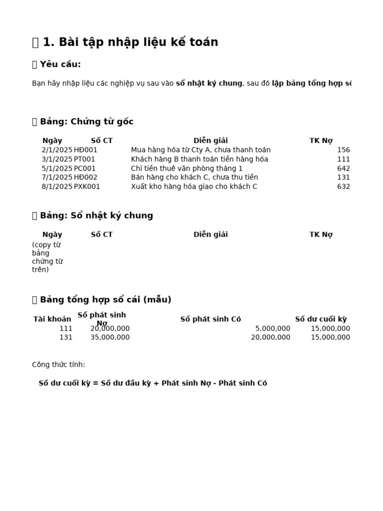 Bài tập nhập liệu và bcao tc | PDF