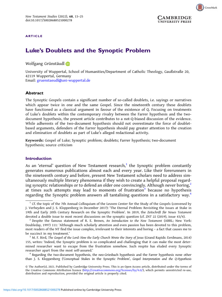 ARTIGO - Doublets and The Synoptic Problem | PDF | Gospels | Ancient ...