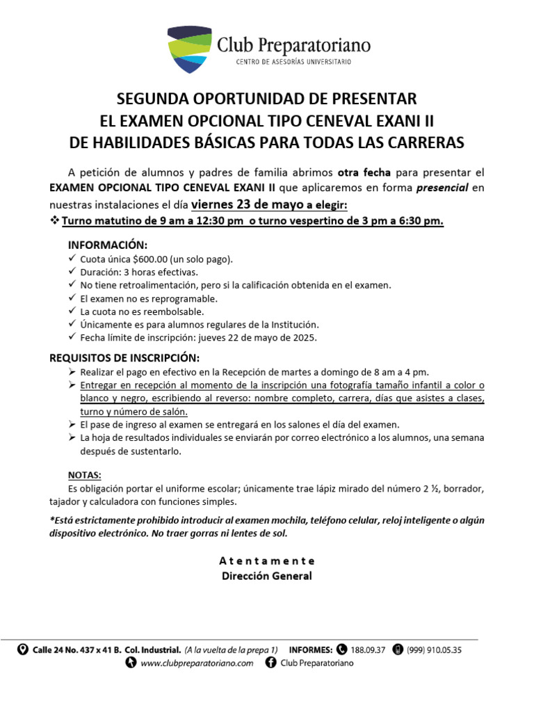 Convocatoria Examen CENEVAL EXANI II 2025 | PDF