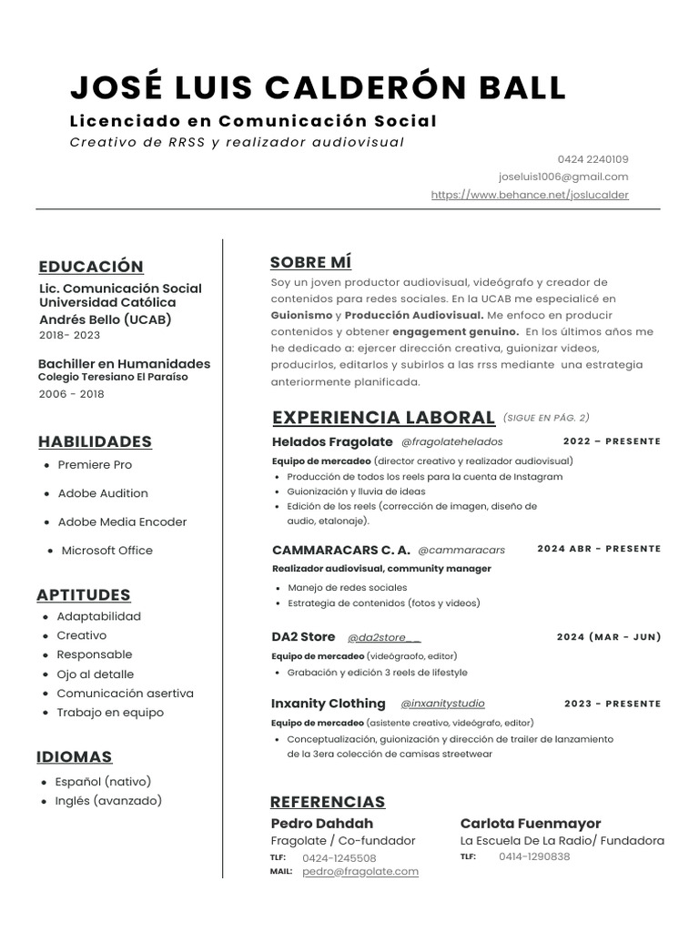 José Calderón: Productor Audiovisual 2025 | PDF