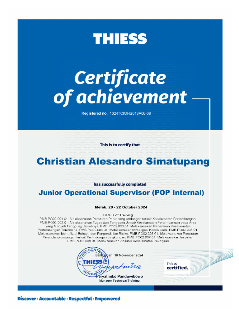 Seritifkat POP Internal Christian Alesandro Simatupang | PDF