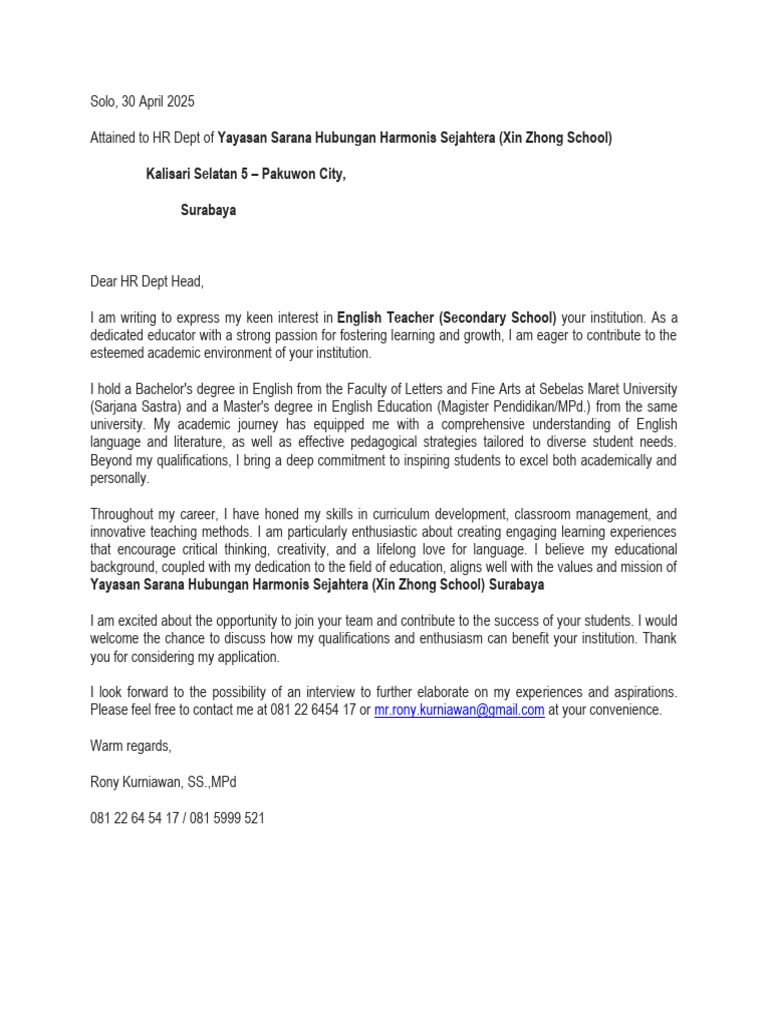 Xin Zhong School Application | PDF