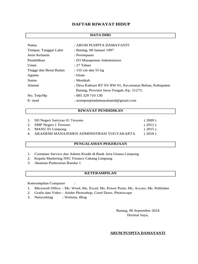 CV Arum Puspita Damayanti 2024 | PDF