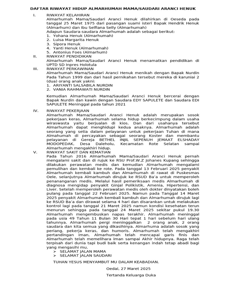 Daftar Riwayat Hidup Almarhumah Mama Yanti | PDF