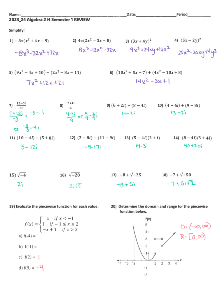 Algebra 2 Semester 1 Review Guide | PDF | Algebra | Mathematical Concepts